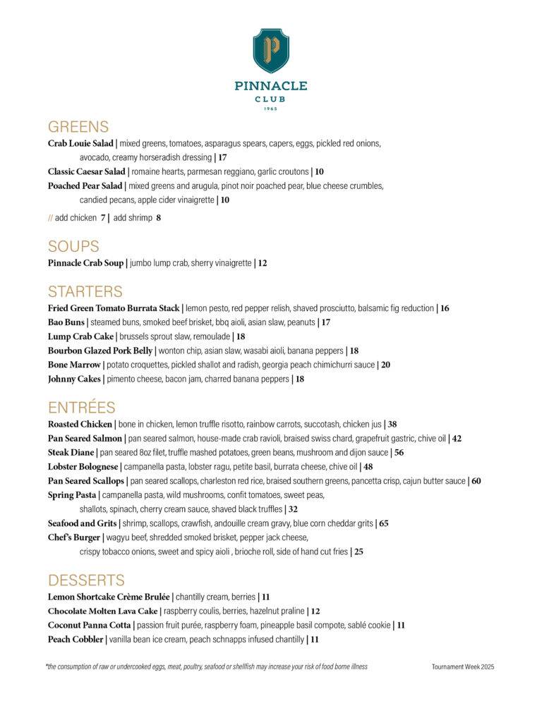 Tournament Menu - Pinnacle Club