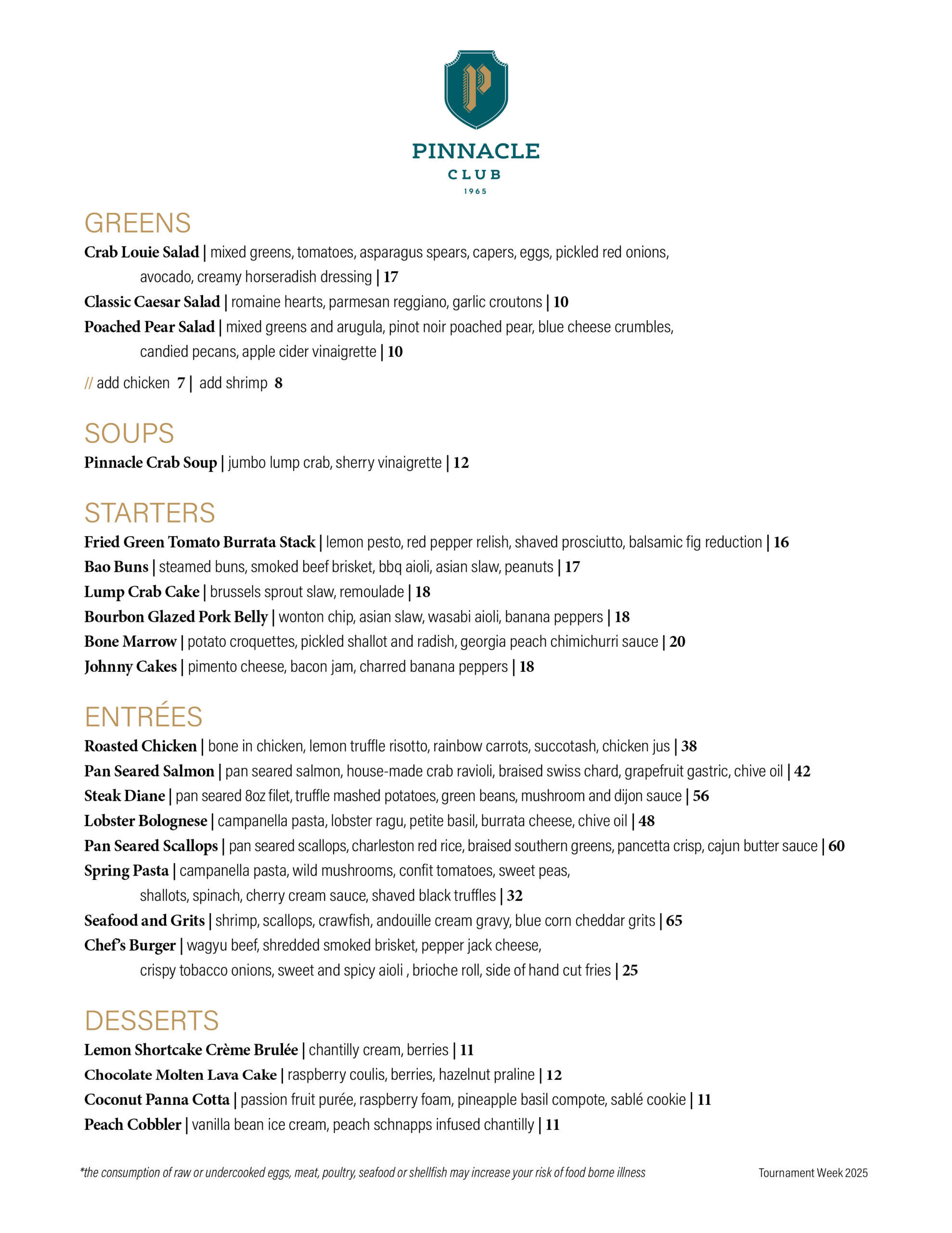 Tournament Menu - Pinnacle Club